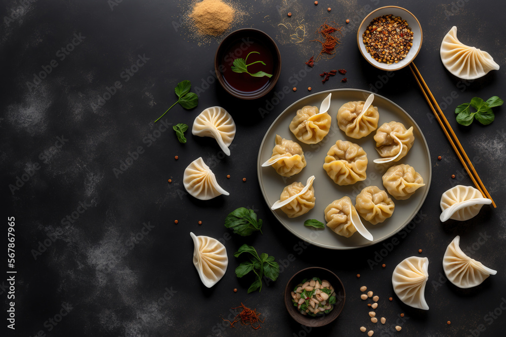 Chinese dumplings are shown up close on a background of gray concrete ...