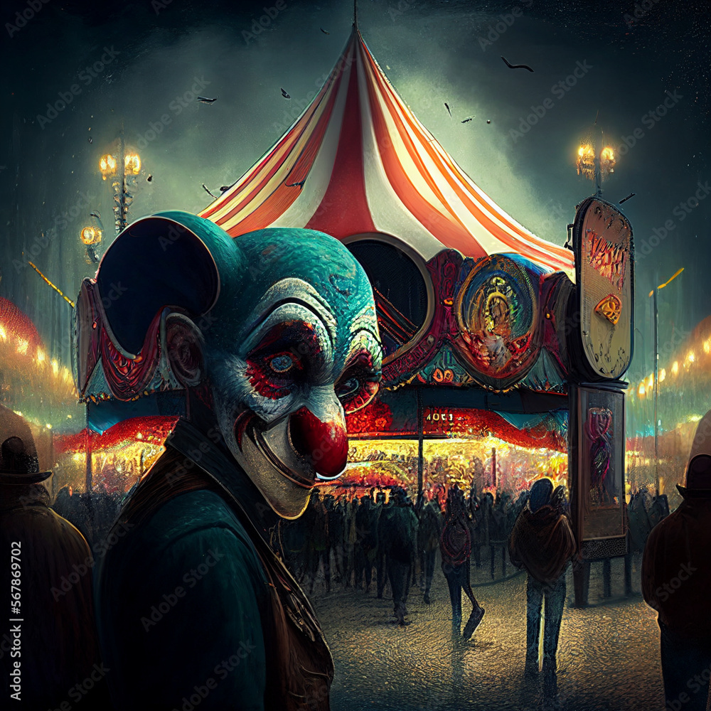 Scary clown at the carnival. Joker, masquerade, creepy atmosphere ...