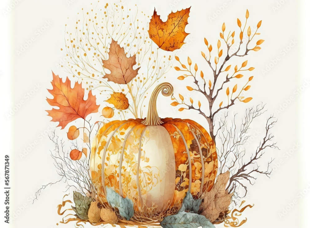 Beautiful autumn decorations in the form of a watercolor fall pumpkin ...