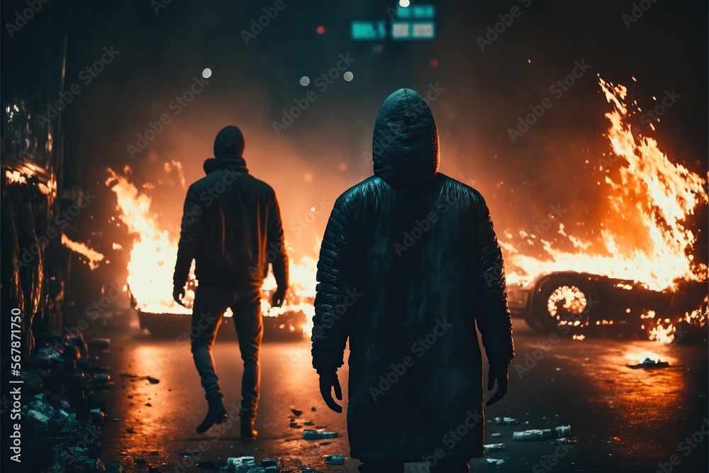 Created with Generative AI technology. Street riots and showdowns at ...