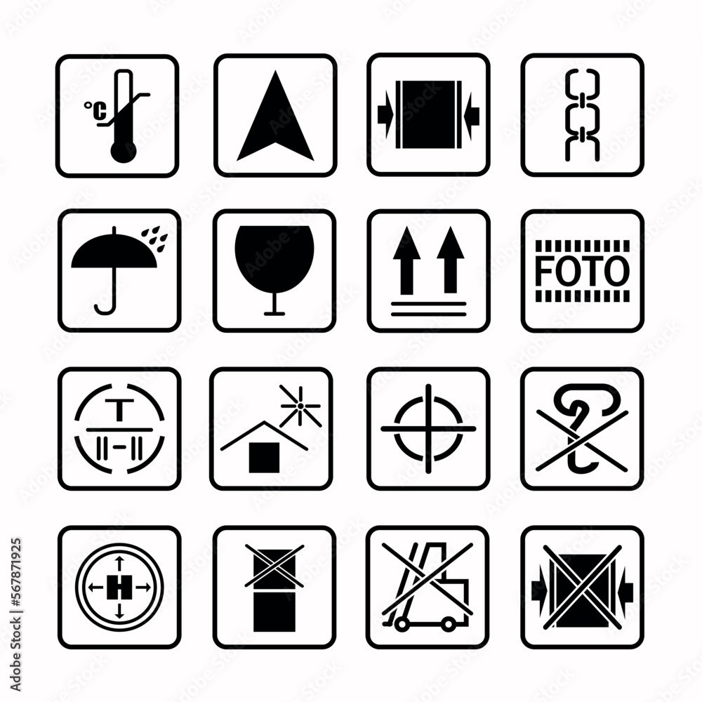 Vecteur Stock A set of black and white packaging symbols on a white ...