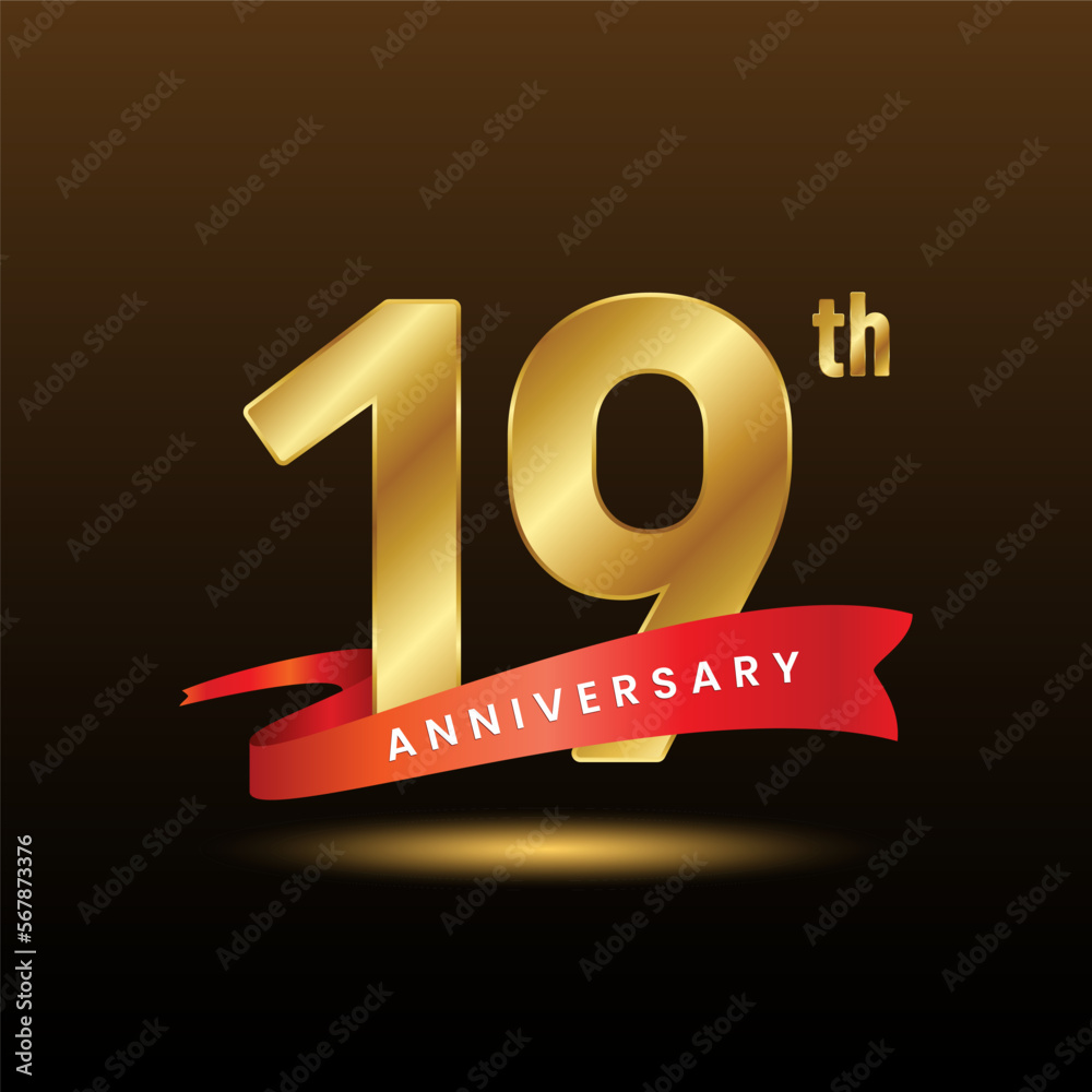 19th anniversary logo design with gold text and red ribbon. Logo Vector ...
