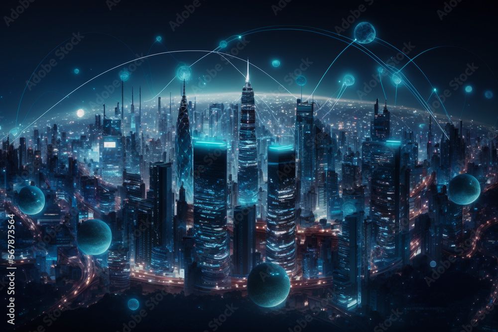 Telecommunication connections above smart city. Futuristic cityscape ...