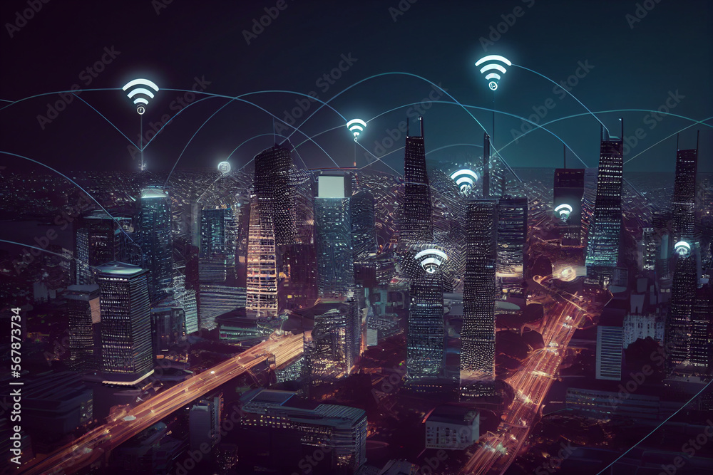 Telecommunication connections above smart city. Futuristic cityscape ...