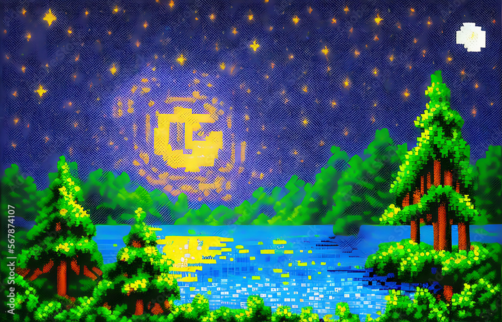 Grabado pixelado de paisaje sobre lago de noche - AI Generated Art ...