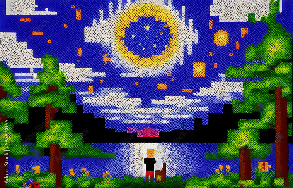 Grabado pixelado de paisaje sobre lago de noche - AI Generated Art ...