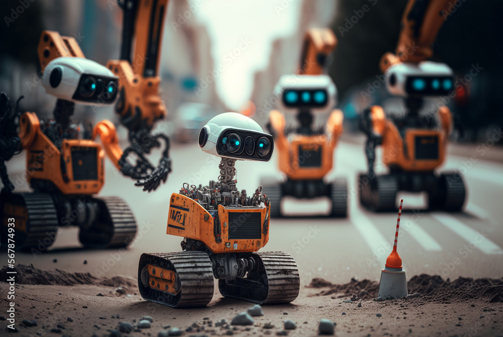 small autonomous construction worker robots on tank tracks, humanoid ...
