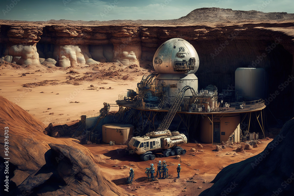 Conceptual illustration of a mining extraction on the planet Mars ...