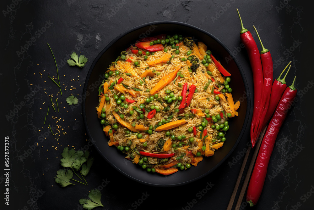 Black bowl of vegetarian schezwan fried rice against a dark slate ...