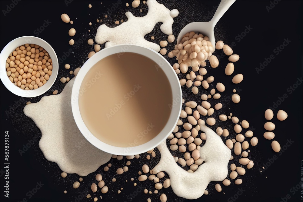 Soy milk pouring and Splash with Soy beans, 3d rendering. Generative AI Stock Illustration ...