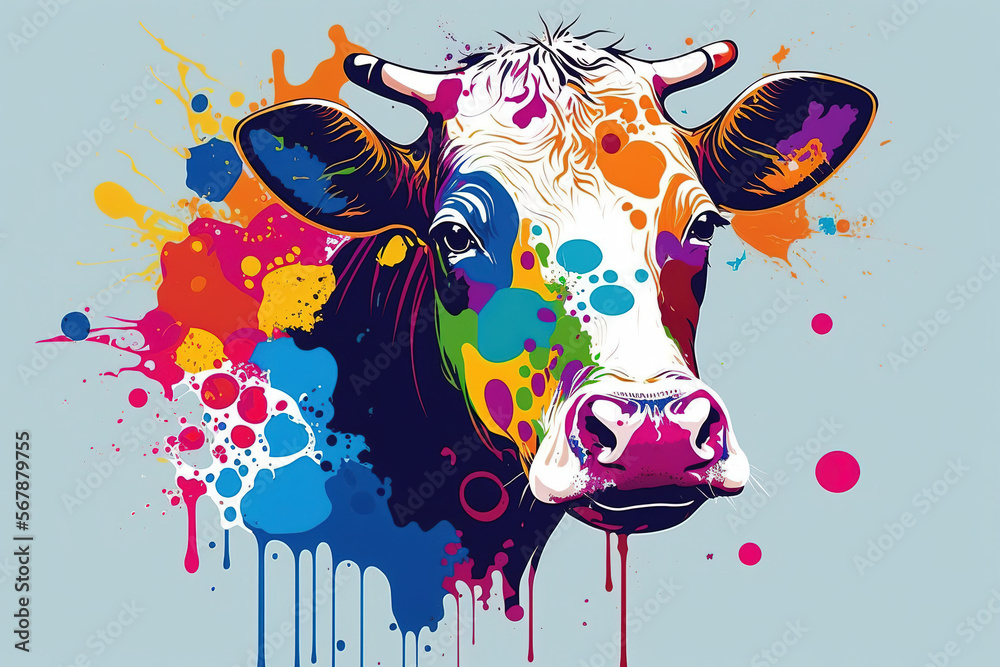 Cow Head Cartoon, Colorful Paint Splatter, Abstract Vector, Cow Print ...