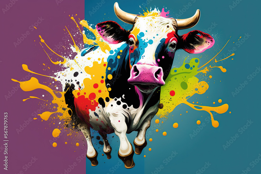 Colorful Cow Cartoon, Paint Splatter, Abstract Vector, Cow Print, Cow ...