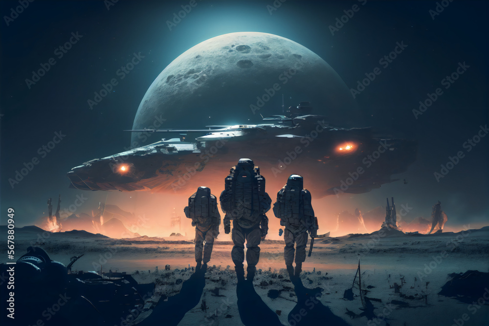 astronaut taking spaceship leaving earth. Background is moon and ...