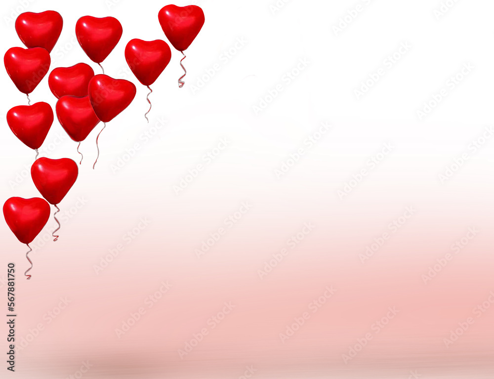 red heart shaped balloons flying. red gradient white background with ...