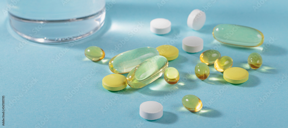 Diet, nutrition, healthy eating concept. Assorted pharmaceutical ...