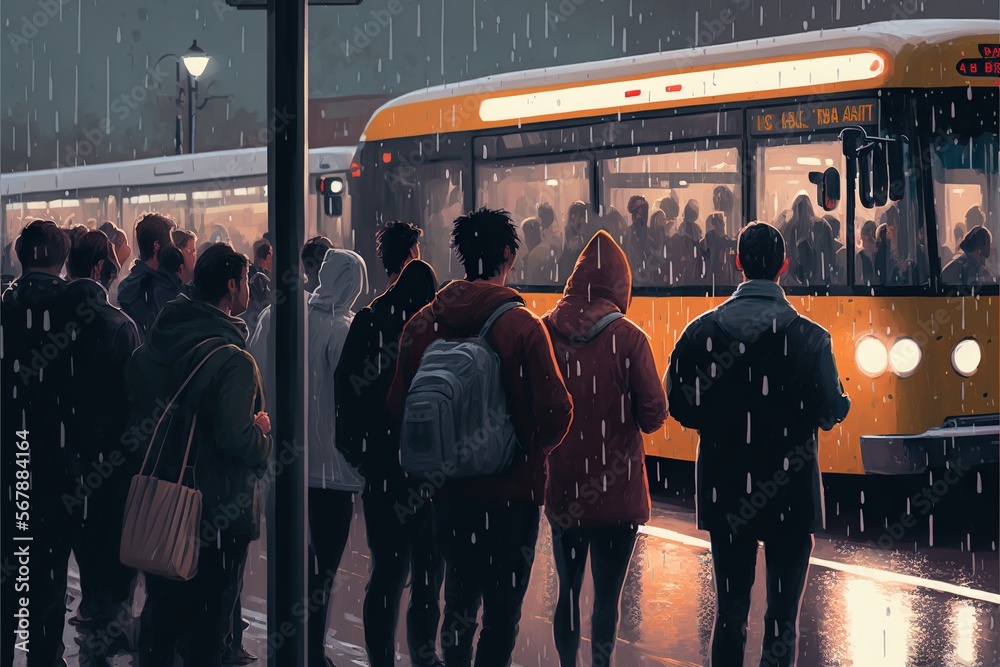 crowd of people standing at bus stop created with Generative AI ...