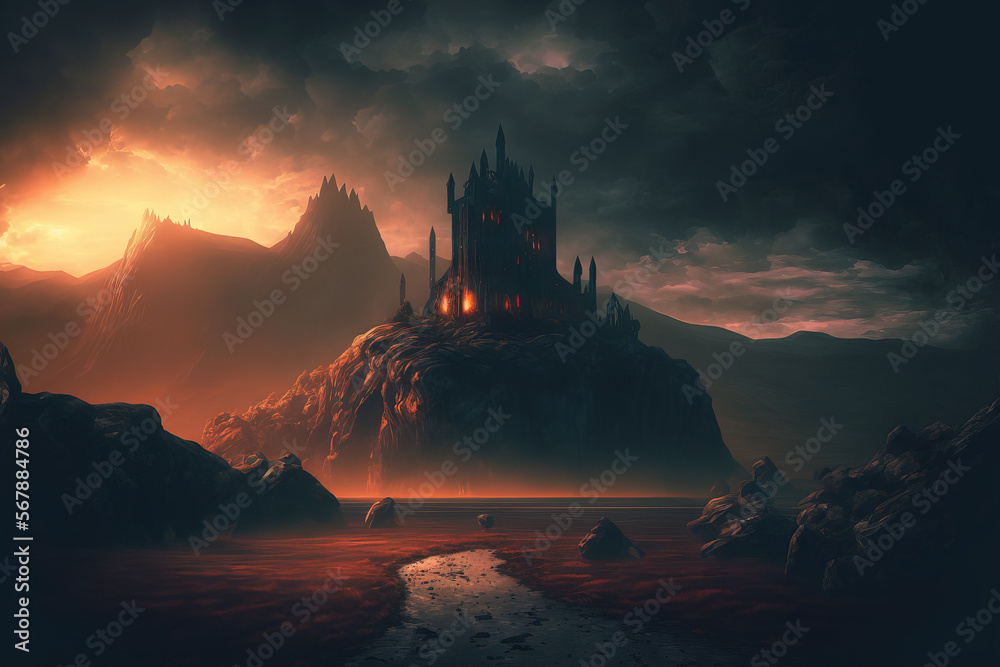 Digital artwork of a dismal hellish atmosphere and a dark castle in a ...