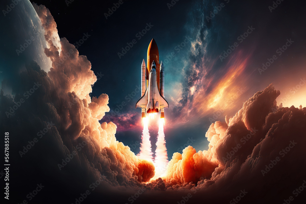 On the starry sky, rockets blast off into space. Concept of a rocket ...