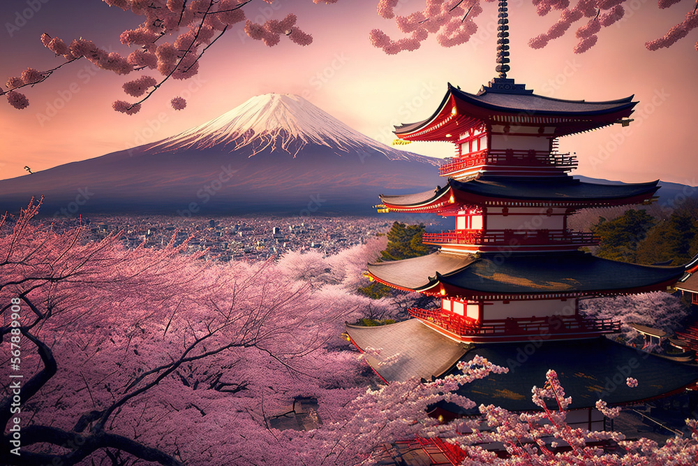 Fujiyoshida, Japan in the springtime with cherry blossoms, Chureito ...