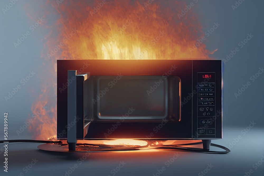 microwave oven on fire. the concept of fire in the kitchen and ...