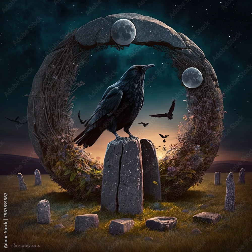 The crow and the stone circle - Created with generative AI technology ...