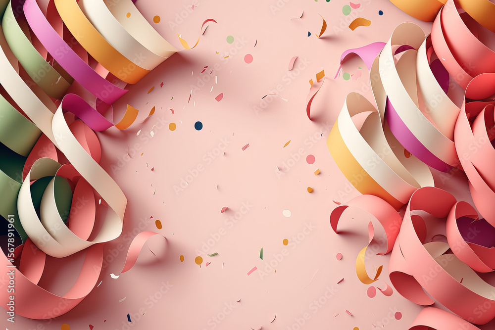 Confetti strewn streamers and a delicate pink party background with ...