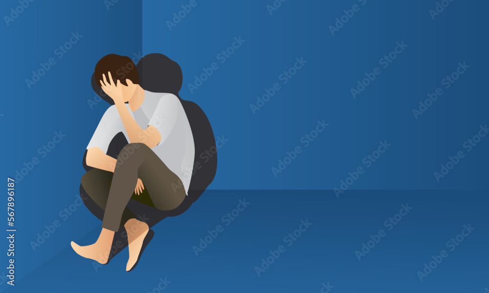 Depressed male person sitting down on the corner with copy space ...