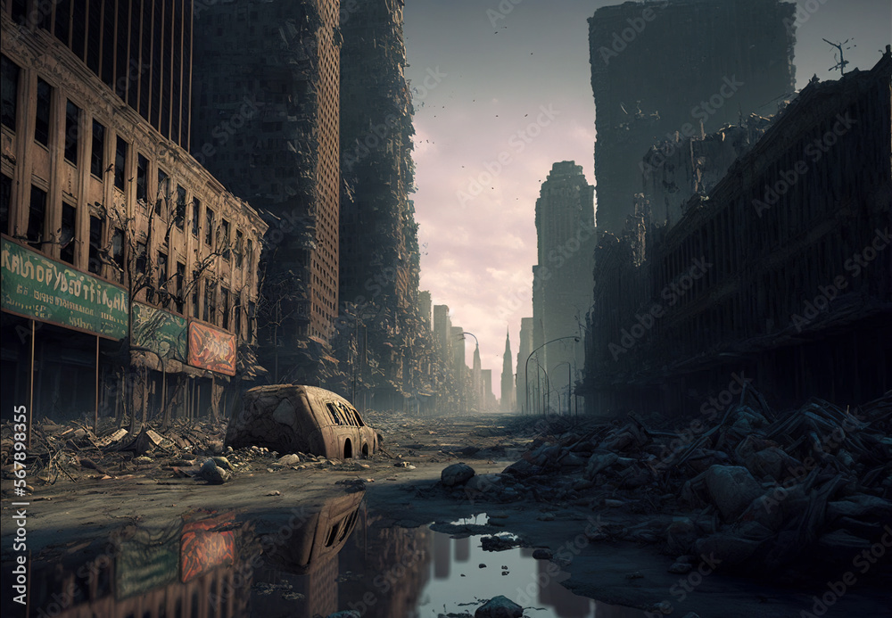 Apocalyptic view of destroyed city buildings, post apocalypse after ...