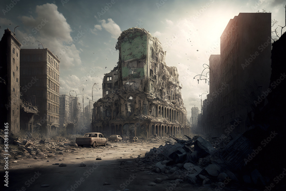 Apocalyptic view of destroyed city buildings, post apocalypse after ...