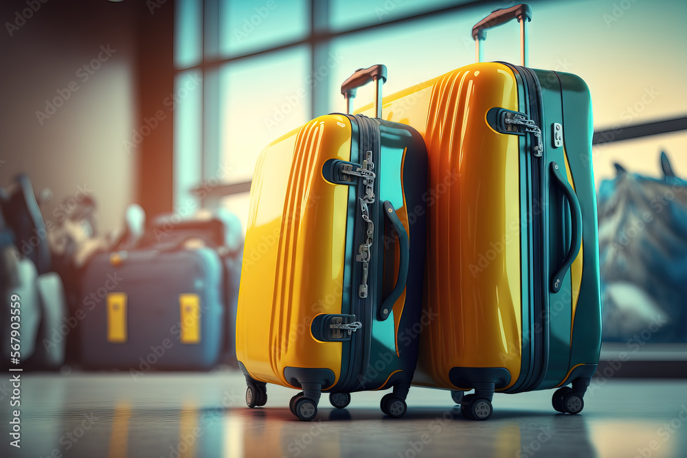 Summer vacation theme, traveler suitcases at airport terminal waiting ...