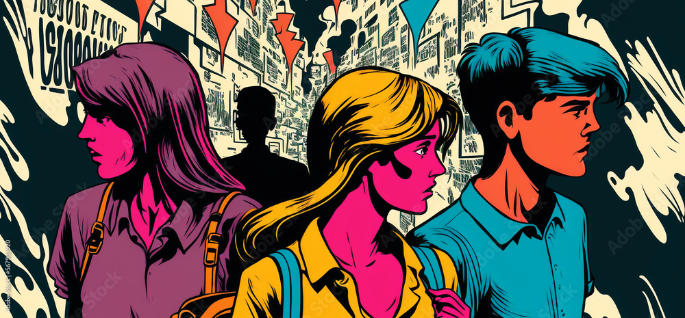 Cartoon style illustration of 3 teenagers looking for guidance. Cartoon ...