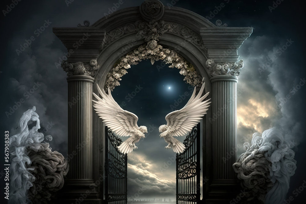 The pearly gates of heaven are shown opening, with the bright side of ...
