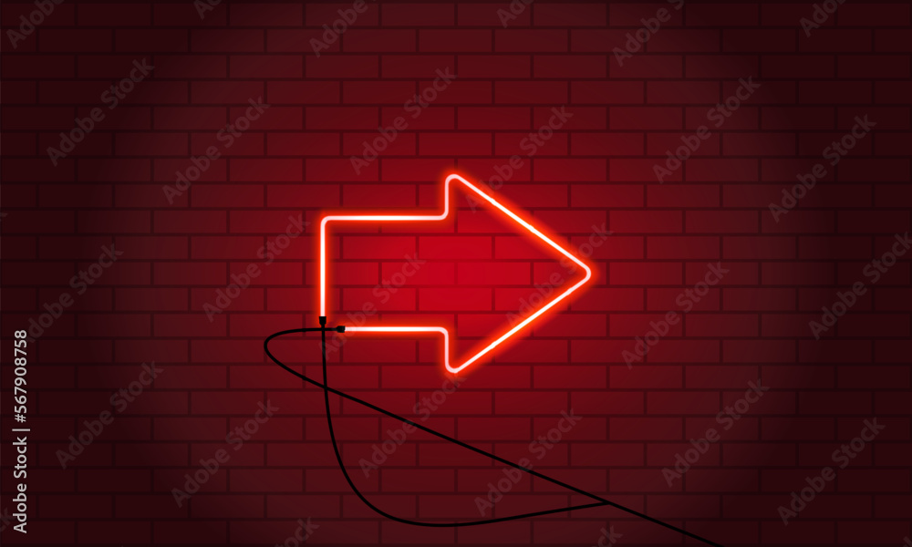 Neon sign arrow on brick wall background. Vintage electric signboard ...