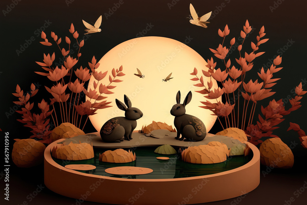 Inventive Mooncake Festival greeting card. Illustration of two rabbits ...