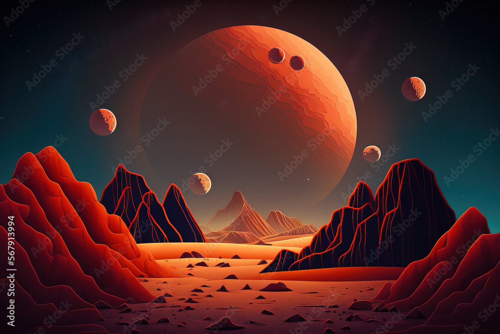 Mars surface scenery, background of an alien planet, Saturn in the ...