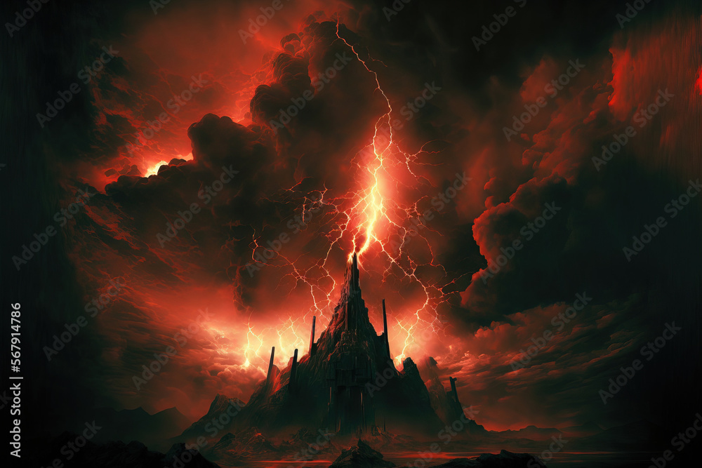 Hell realm, blinding lightning in a dark red apocalyptic sky, judgment ...
