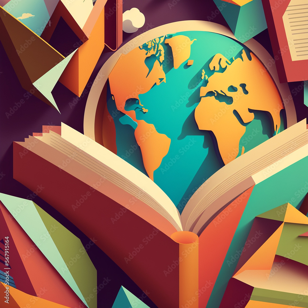 Flat design cartoon World Book Day illustration. Open book with stories ...
