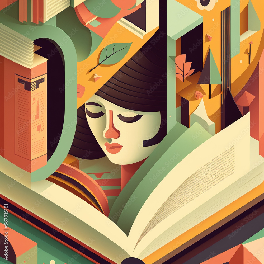 Flat design cartoon World Book Day illustration. Open book with stories ...