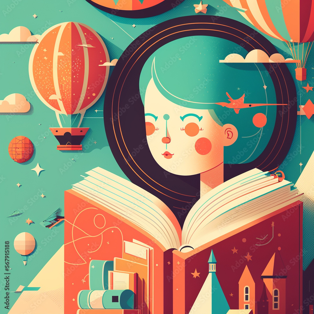 Flat design cartoon World Book Day illustration. Open book with stories ...