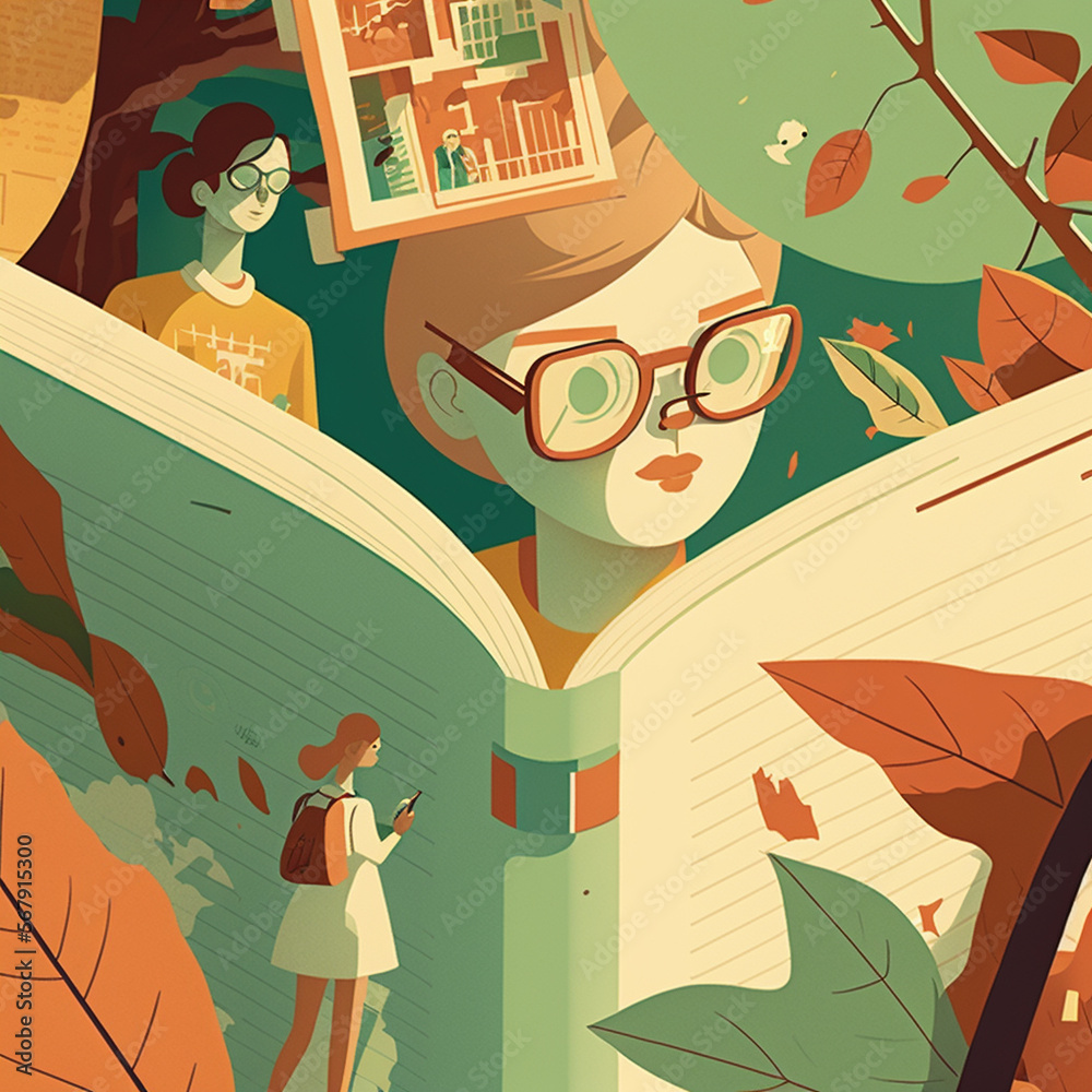 Flat design cartoon World Book Day illustration. Open book with stories ...