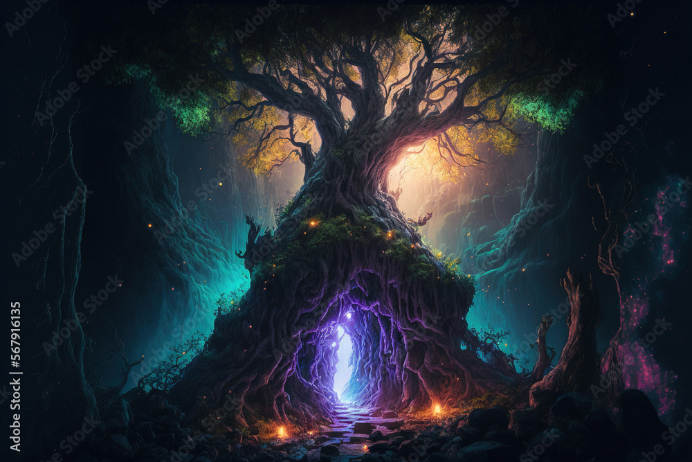 Sacred fantasy tree of life with afterlife portal gate leading to ...