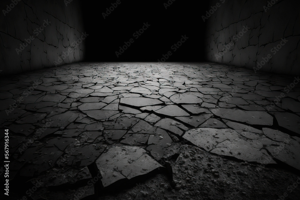 Black Vacant Scene with Cracked Stone Floor and Concrete Background ...