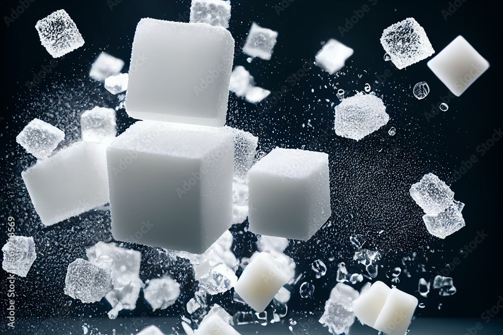 Pure Refined Sugar cube flying explosion, white crystal sugar abstract ...