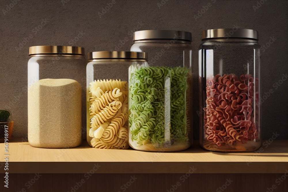 Storing pasta of three types in glass jars against the gray brick wall ...