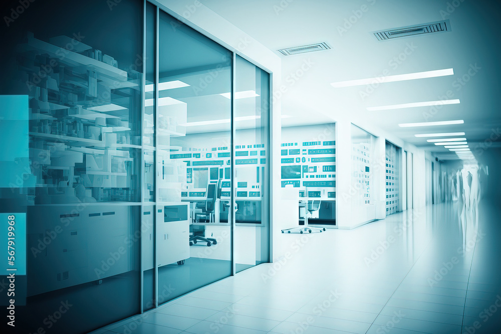 Blurry medical office background, interior in blue and white ...