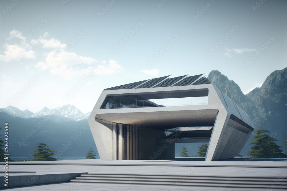 Futuristic architecture of modern hall entrance facade on high mountain ...