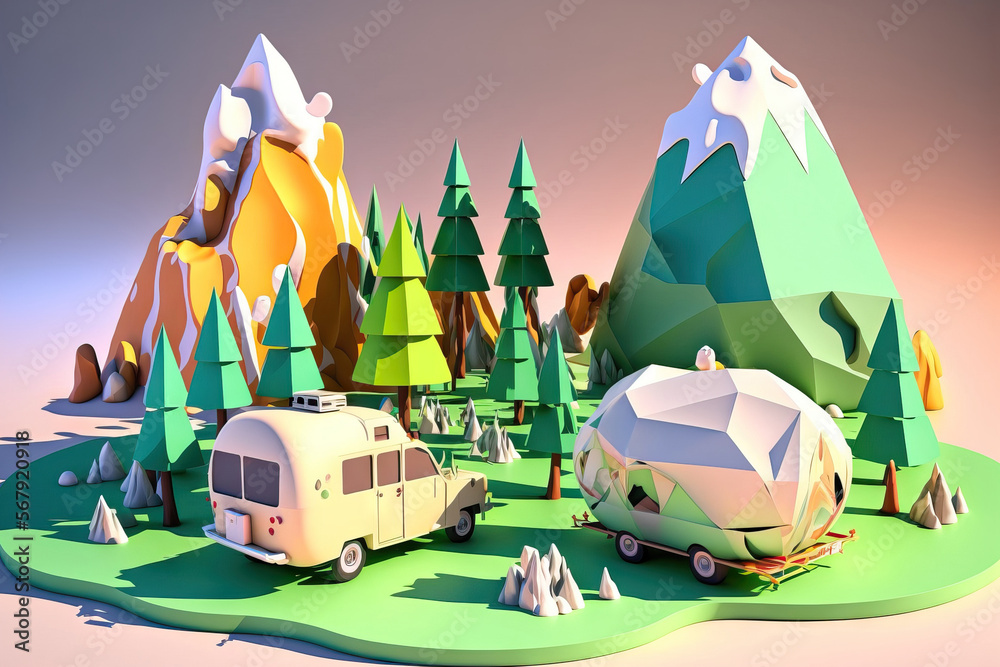 cartoonish low poly. Camping at a national park with mobile homes, vans ...