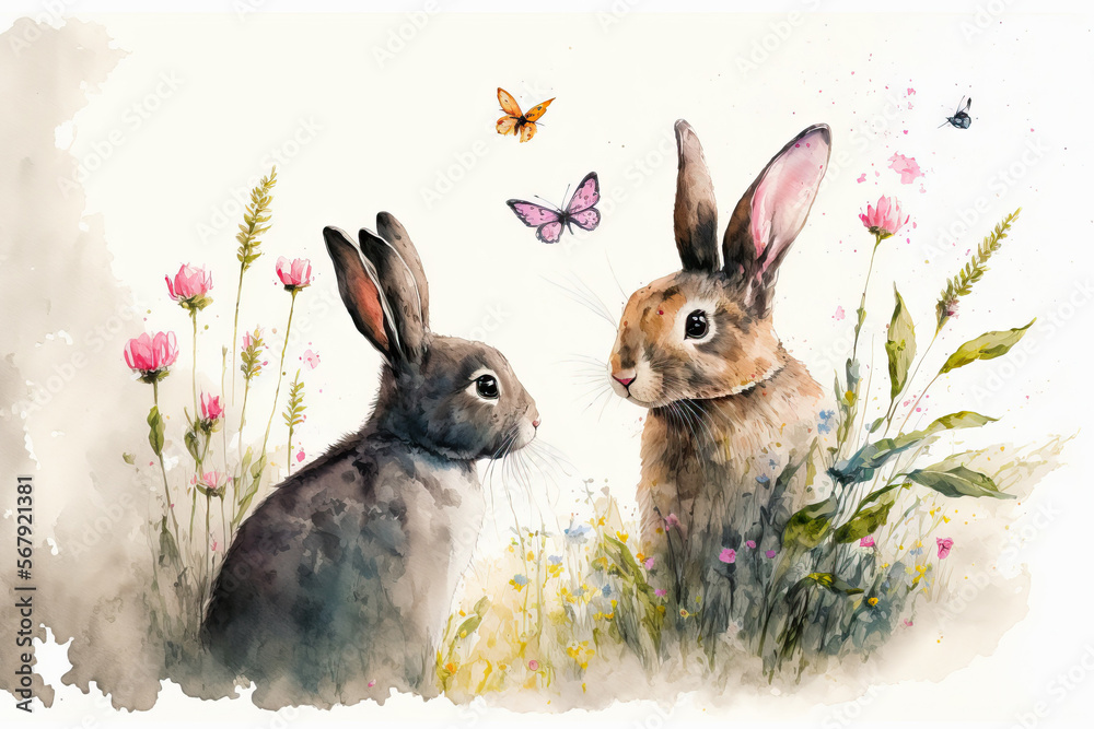 Two rabbits playing and catching pink butterflies are depicted in a ...
