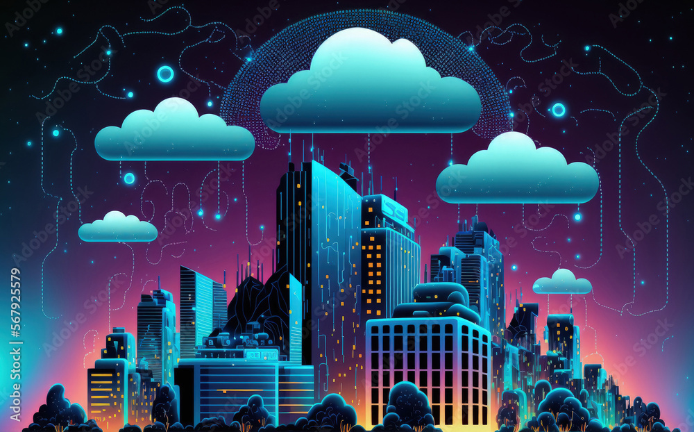 Internet of things (IOT) futuristic cityscape with wireless data ...