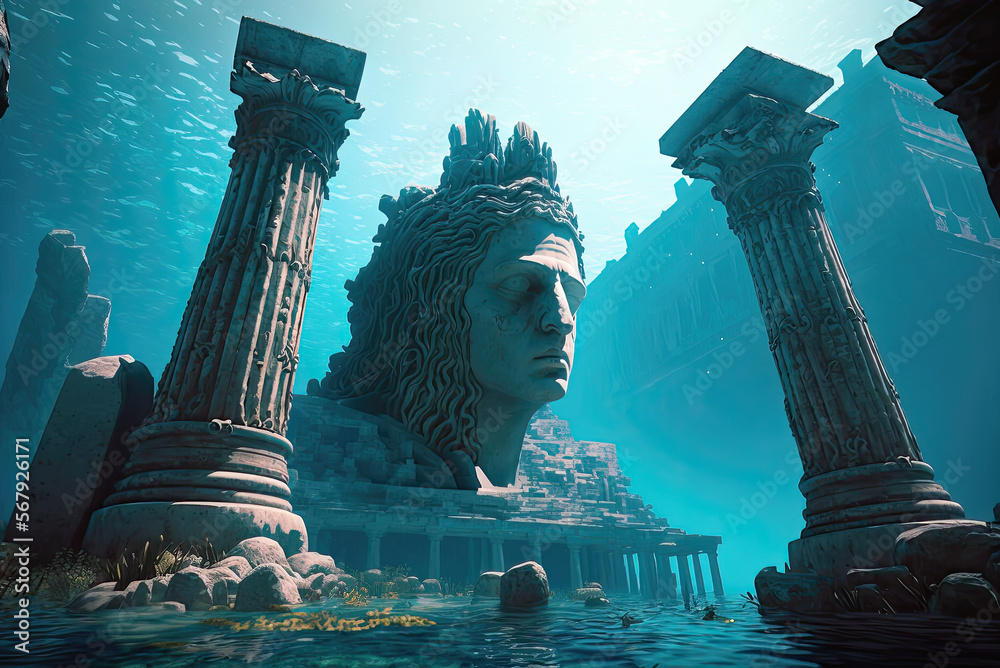 Atlantis, the lost underwater city. Underwater ruins and statue ...